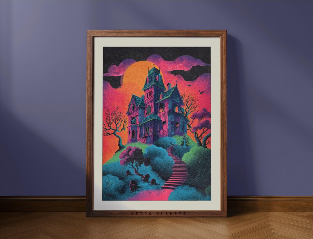 Retro Halloween Print: Neon Haunted House, Spooky Wall Art (digital ...