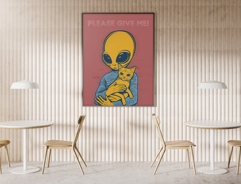 Alien and Cat Poster Style Sci-fi Art, Quirky Extraterrestrial and ...