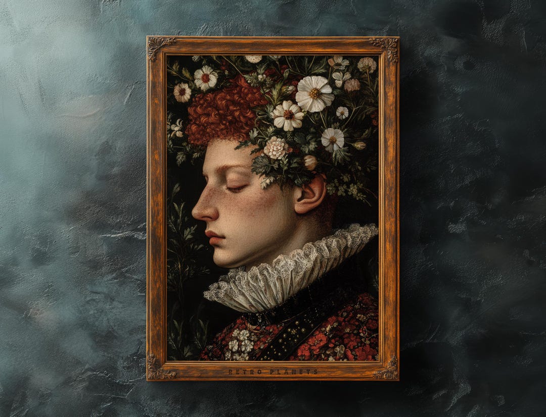 Floral Crown Renaissance Portrait Print - Baroque Profile Wall Art ...