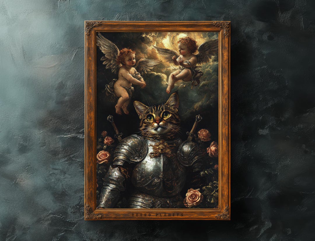 Cat Knight Renaissance Art Print: Whimsical Cherub Angels (digital ...