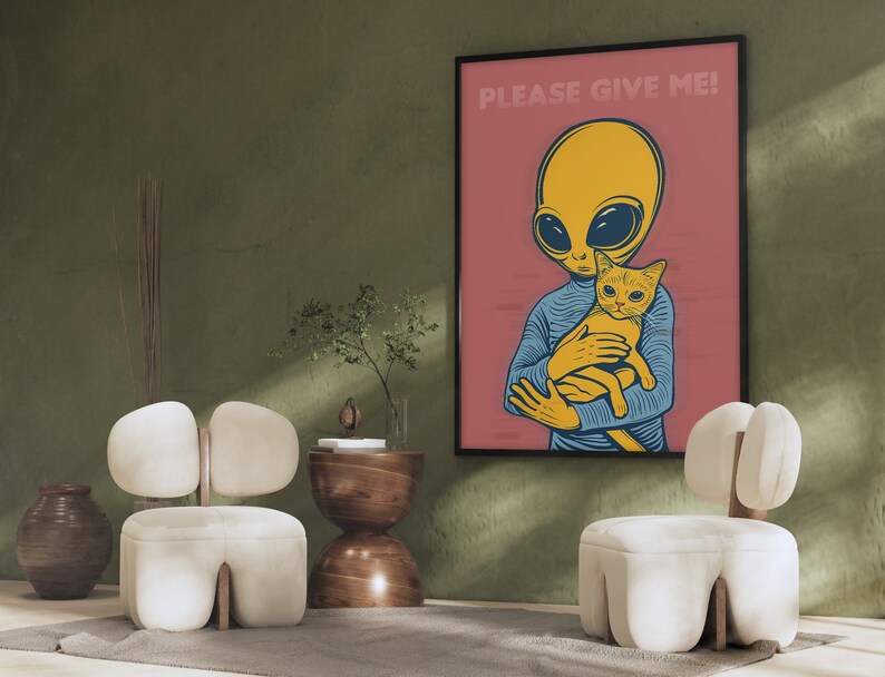 Alien and Cat Poster Style Sci-fi Art, Quirky Extraterrestrial and ...