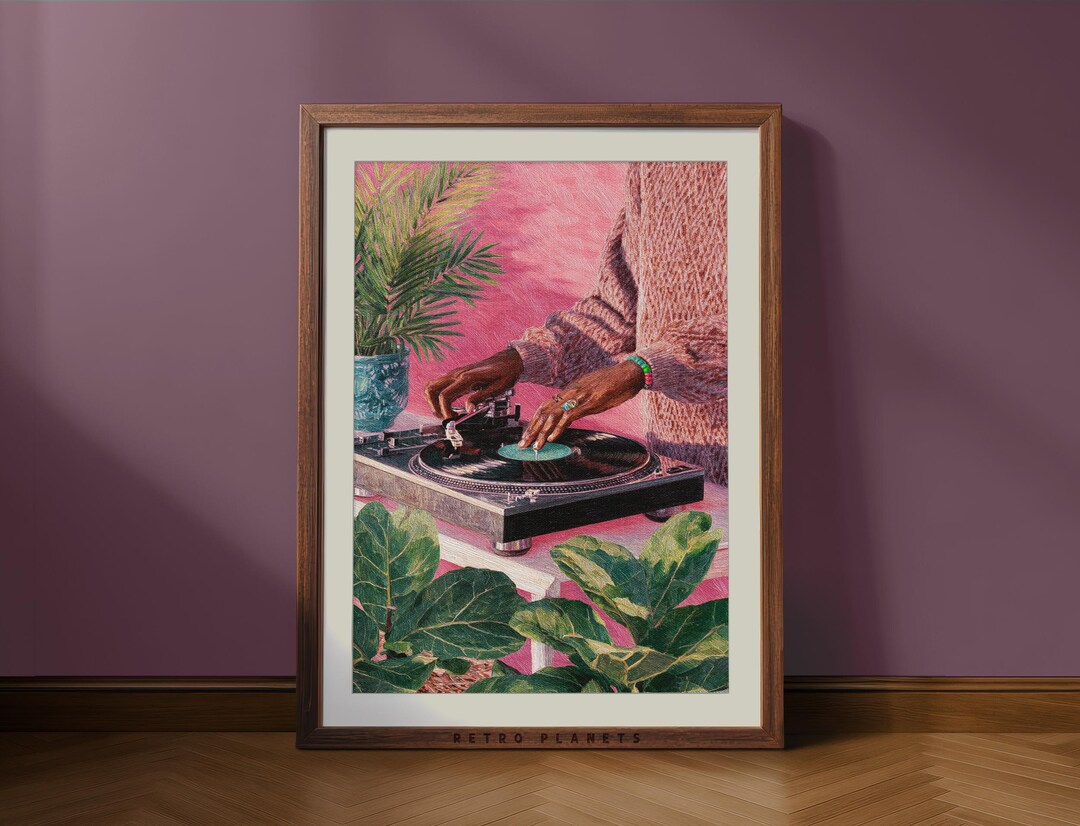 Retro Vinyl Turntable Wall Art – Pink & Green Record Player Print ...