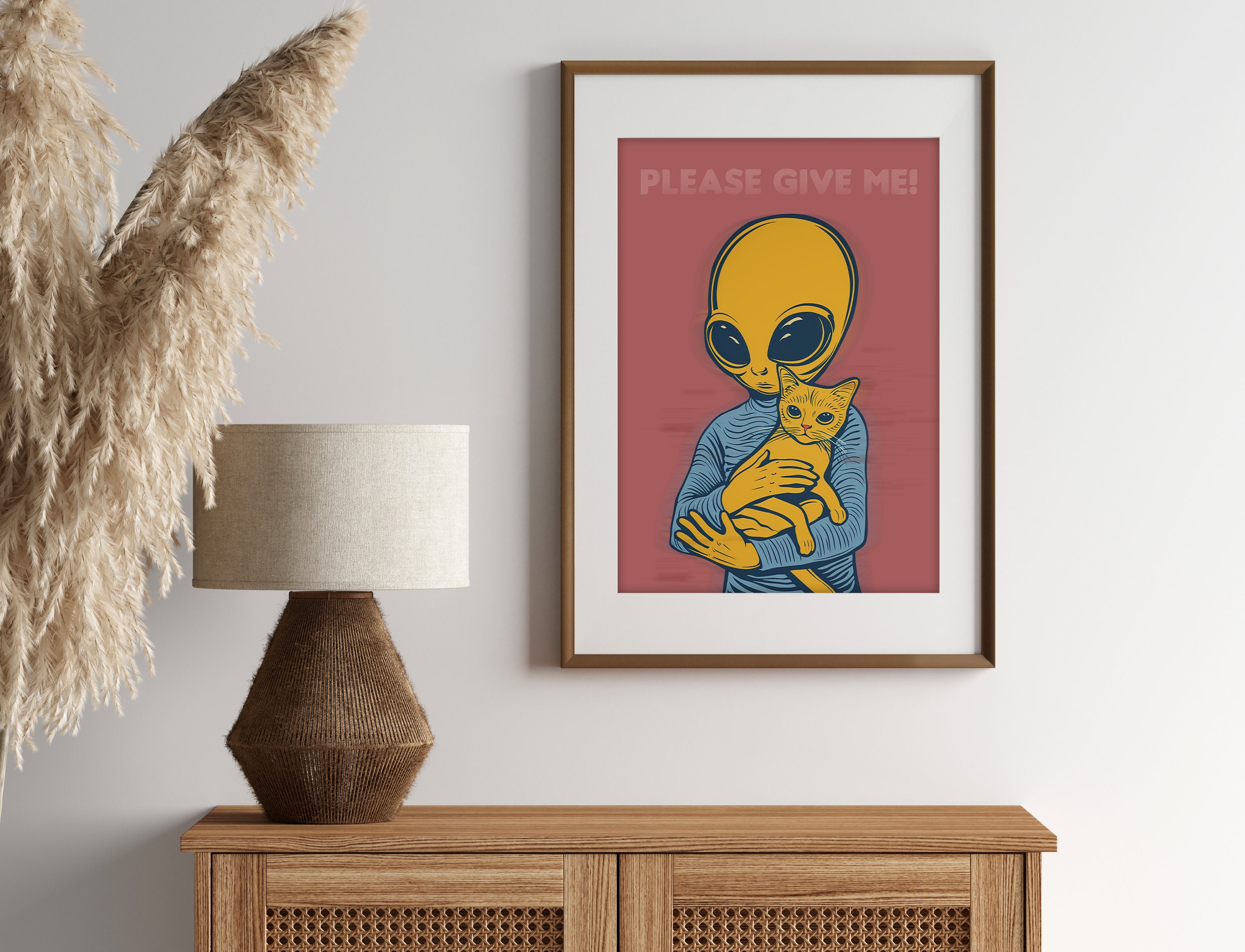 Alien and Cat Poster Style Sci-fi Art, Quirky Extraterrestrial and ...