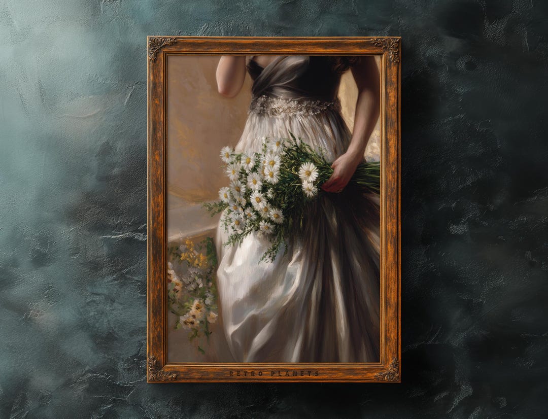 Elegant Daisy Woman Wall Art - Renaissance Floral Portrait, Vintage Oil ...