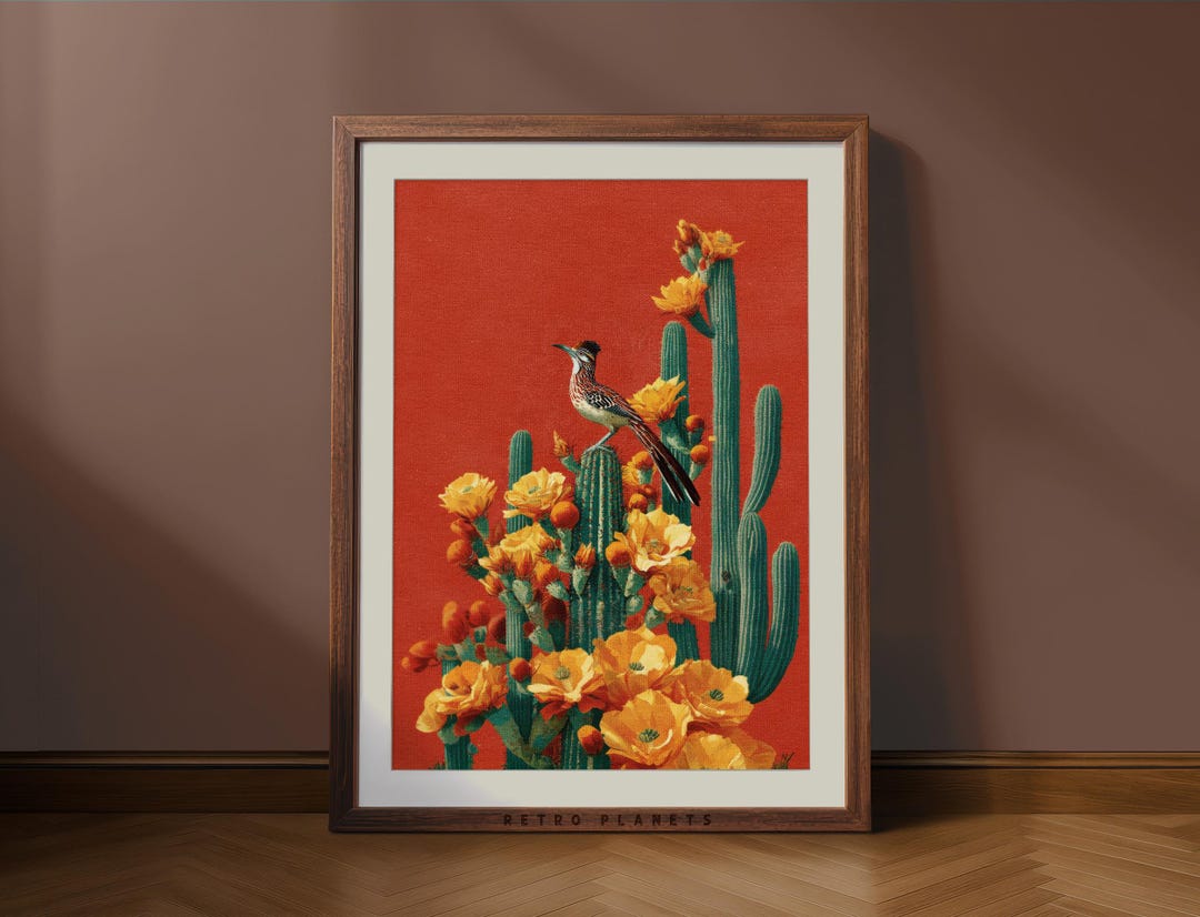 Retro Roadrunner Cactus Art Print - Southwestern Desert Decor (digital ...