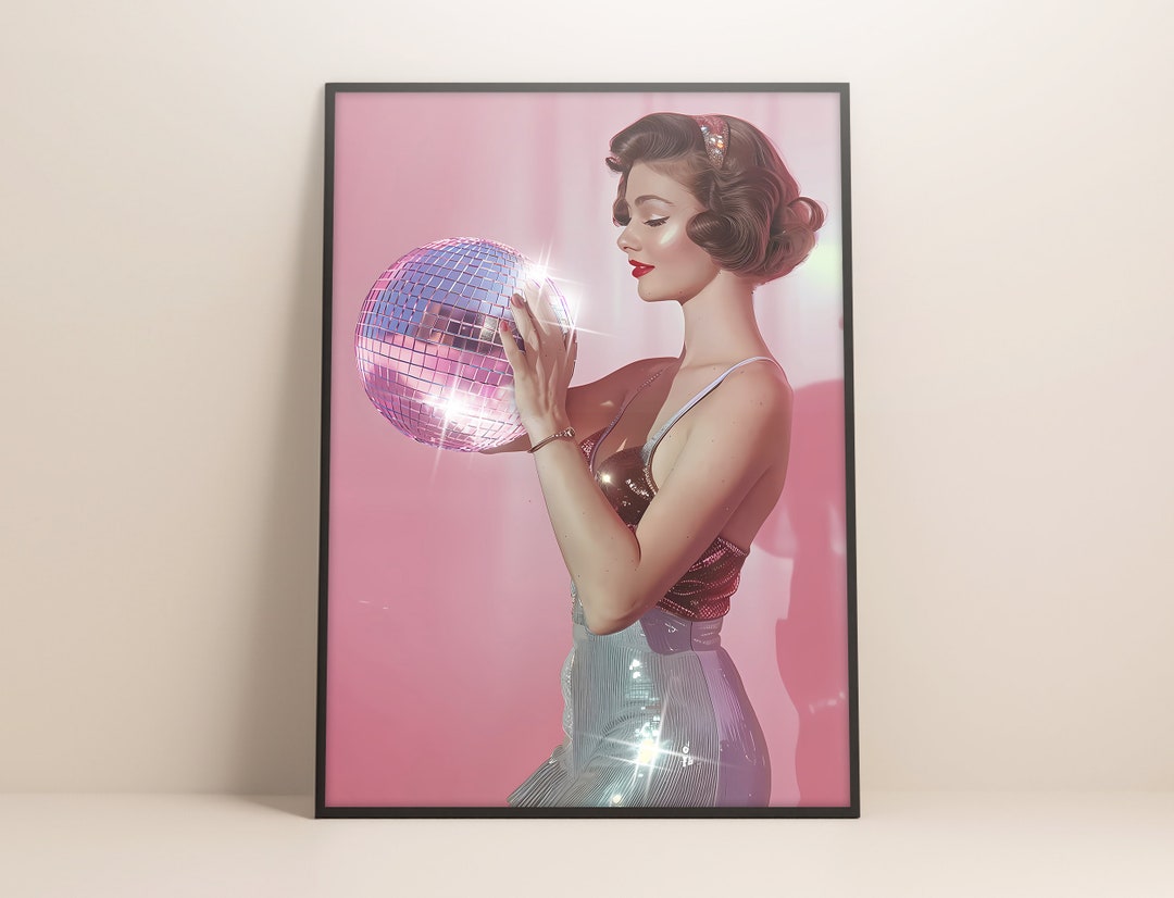 Retro Disco Ball Pink Girl Poster, Vintage 70s Party Decor, Funky Dance ...