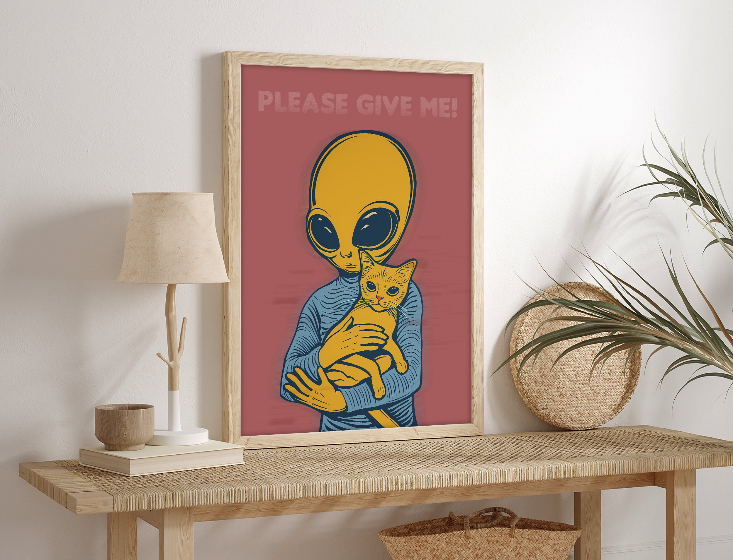 Alien and Cat Poster Style Sci-fi Art, Quirky Extraterrestrial and ...