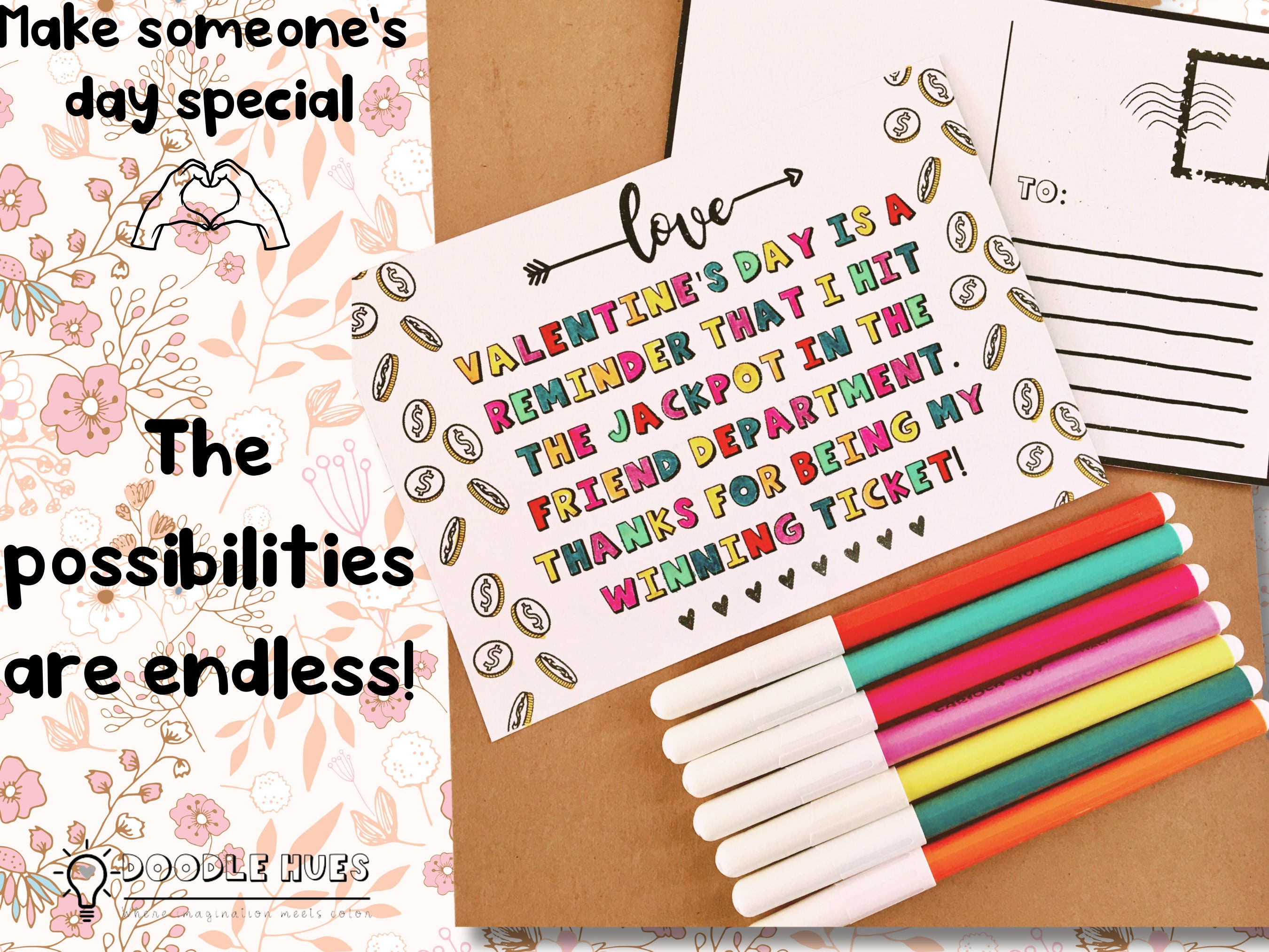 10 Valentine's Day Friendship Coloring Postcards: Instant PDF Download ...