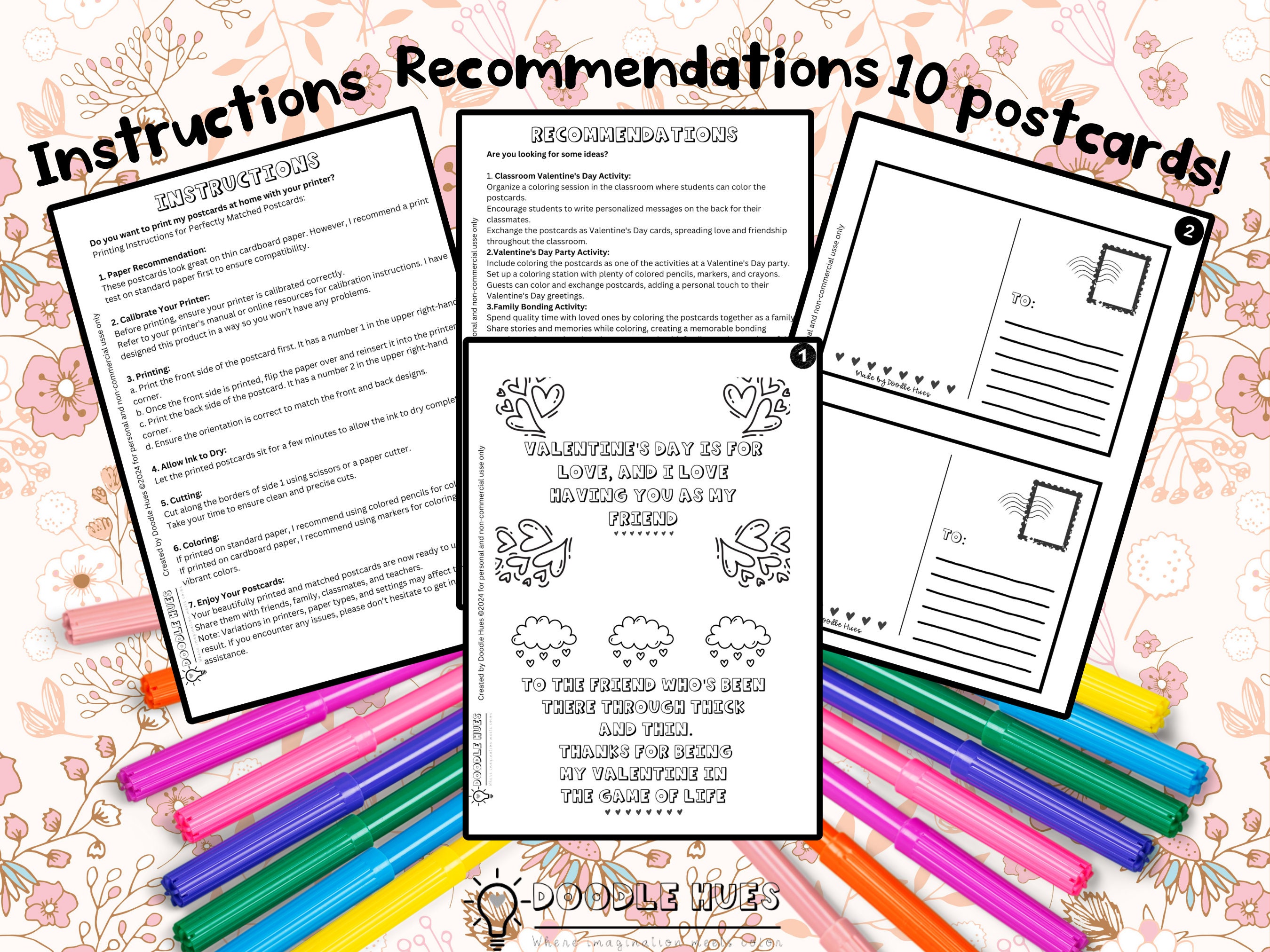 10 Valentine's Day Friendship Coloring Postcards: Instant PDF Download ...