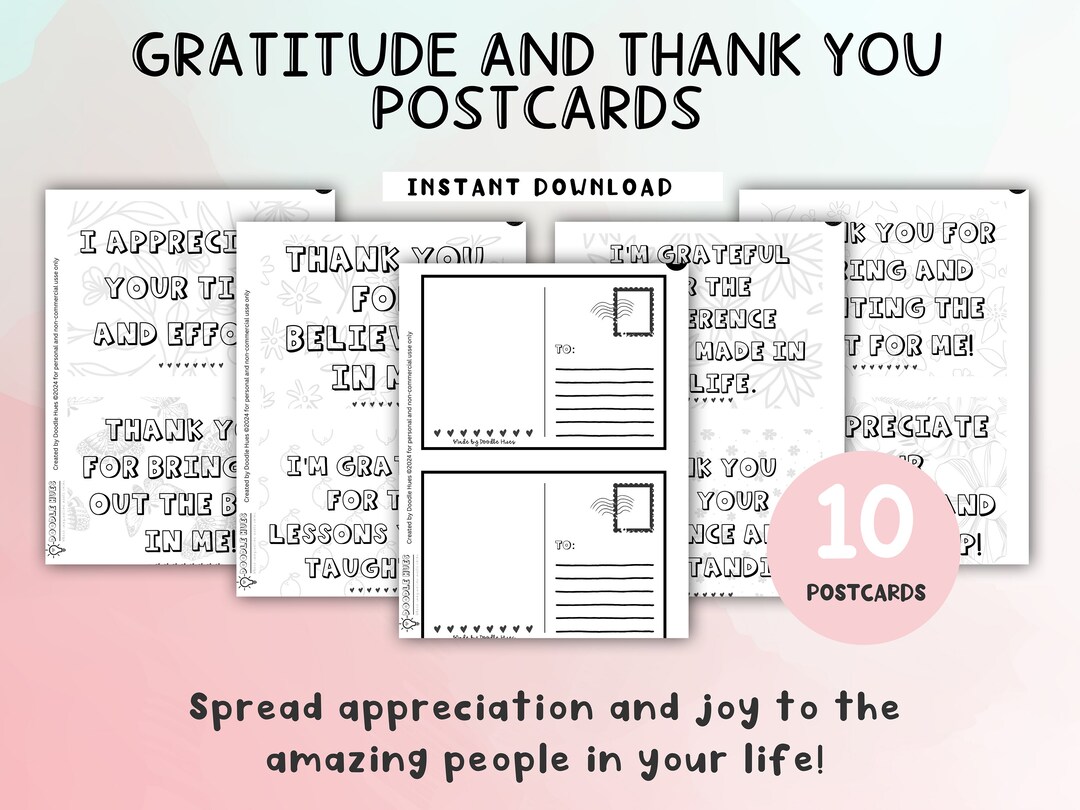 10 Gratitude Coloring Postcards, Coloring Set, Thank You Card ...