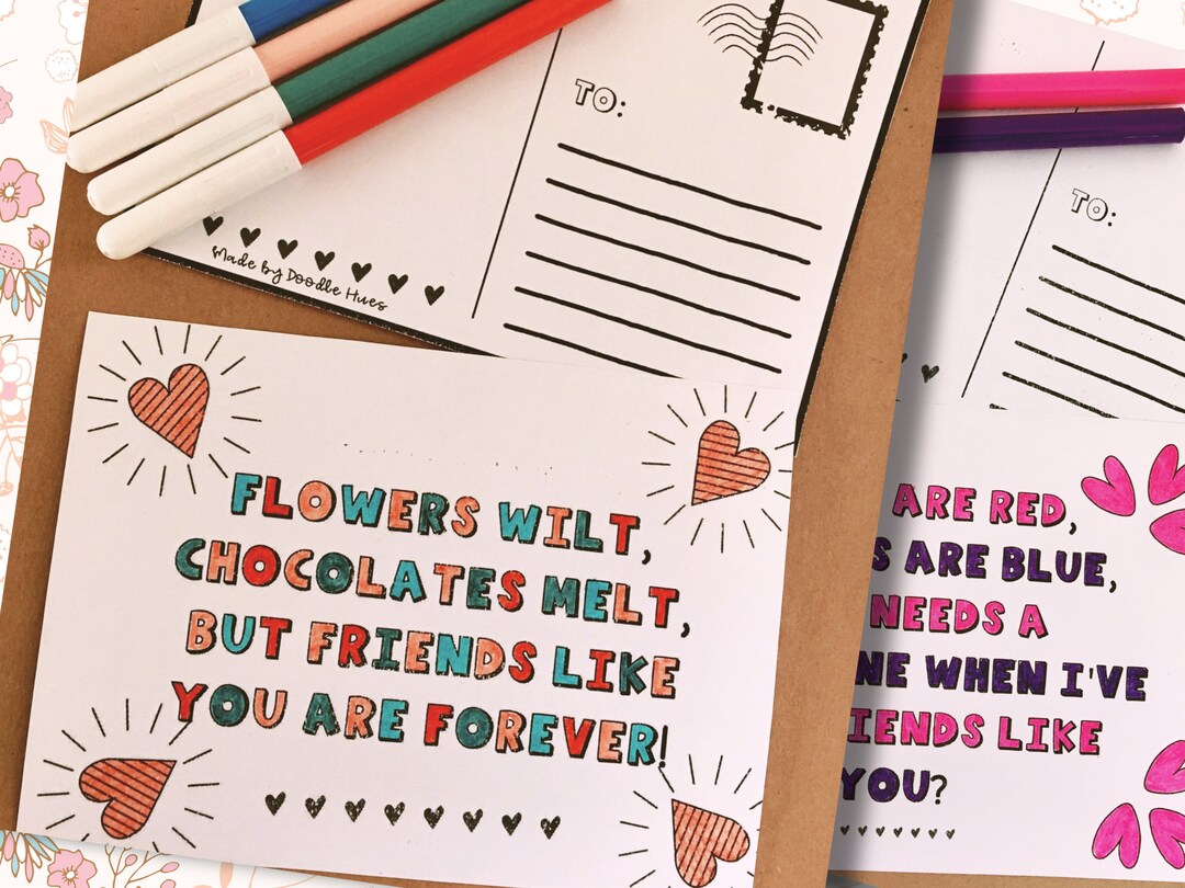 10 Valentine's Day Friendship Coloring Postcards: Instant PDF Download ...