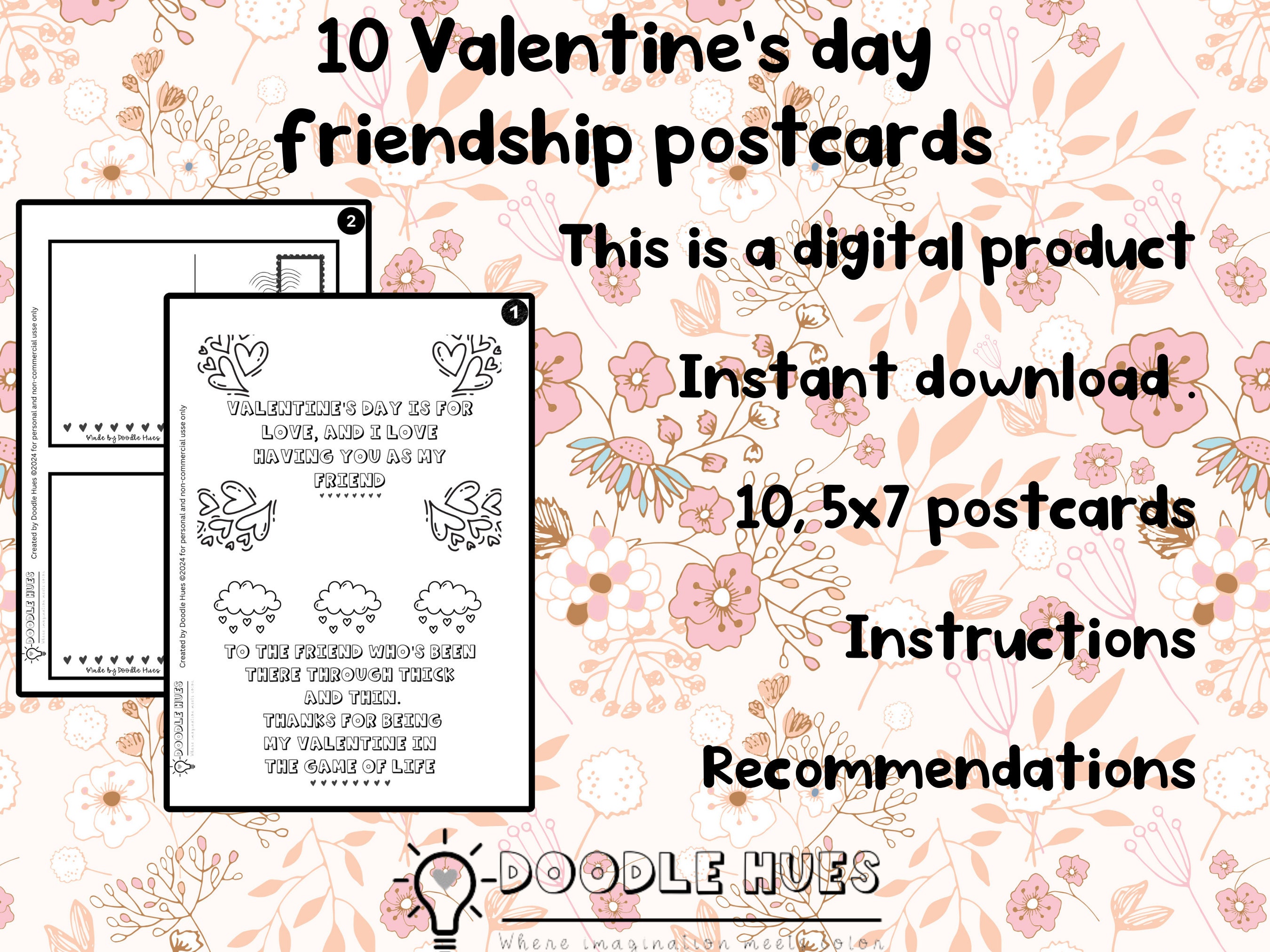 10 Valentine's Day Friendship Coloring Postcards: Instant PDF Download ...