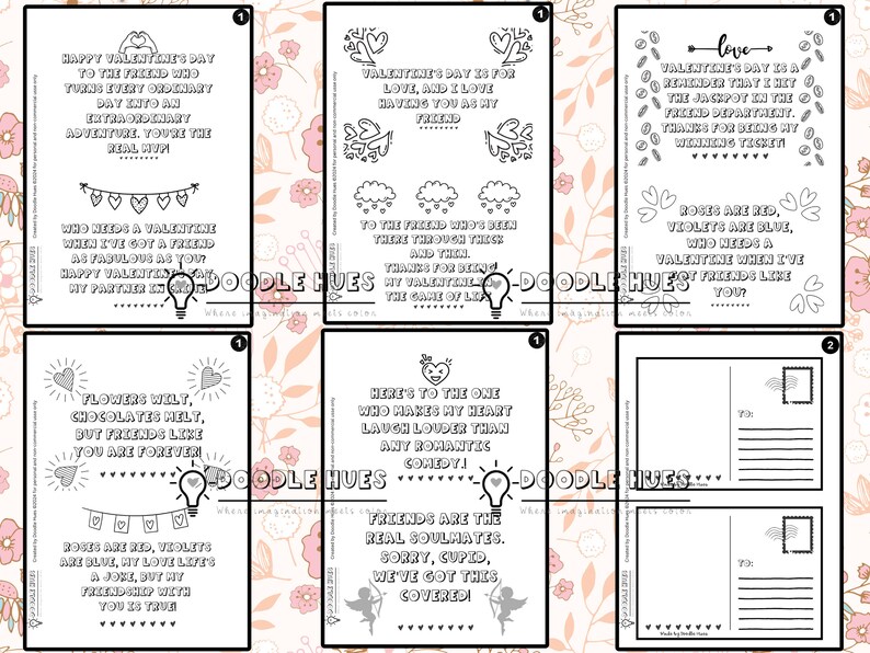 10 Valentine's Day Friendship Coloring Postcards: Instant PDF Download ...