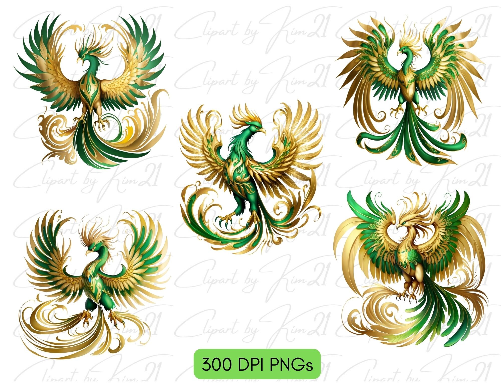 20 Green & Gold Phoenix Clipart | Magical Phoenix Clipart | Mystical ...