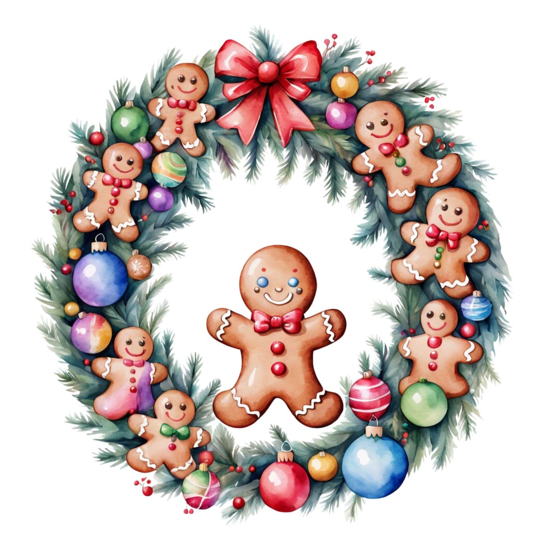 Gingerbread Man Christmas Wreath Clipart | Holiday Graphics (digital ...