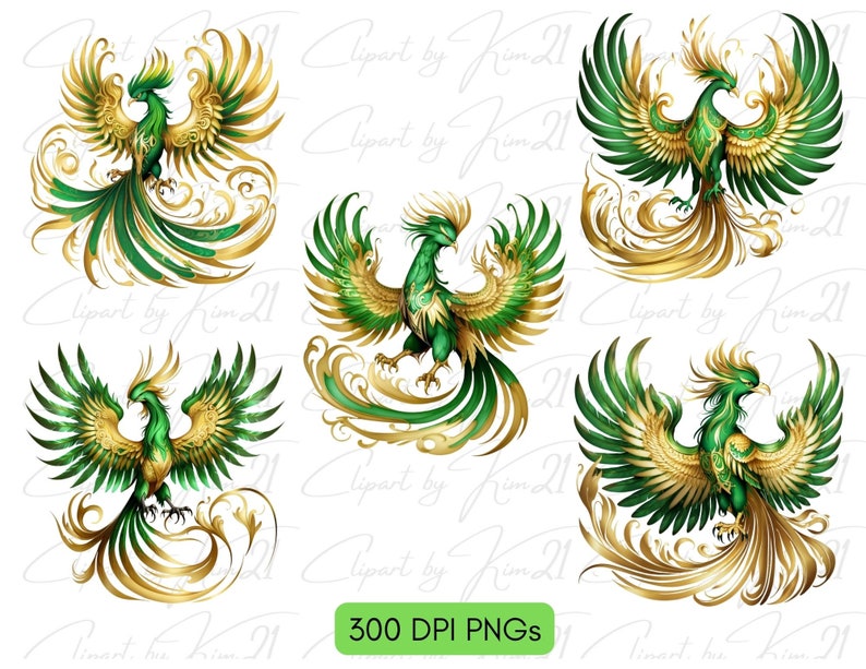 20 Green & Gold Phoenix Clipart | Magical Phoenix Clipart | Mystical ...