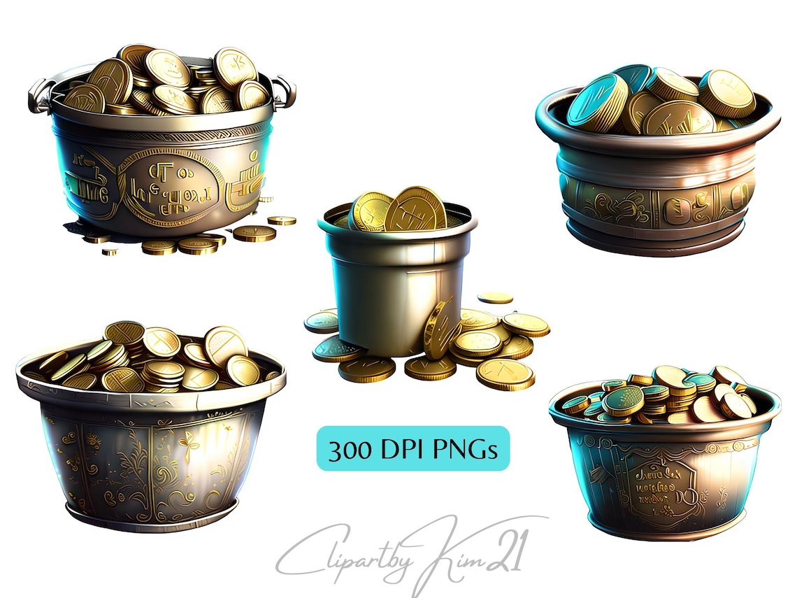 Pot of Gold Coins Clipart | St Patricks Day Graphics (PNG) - Etsy
