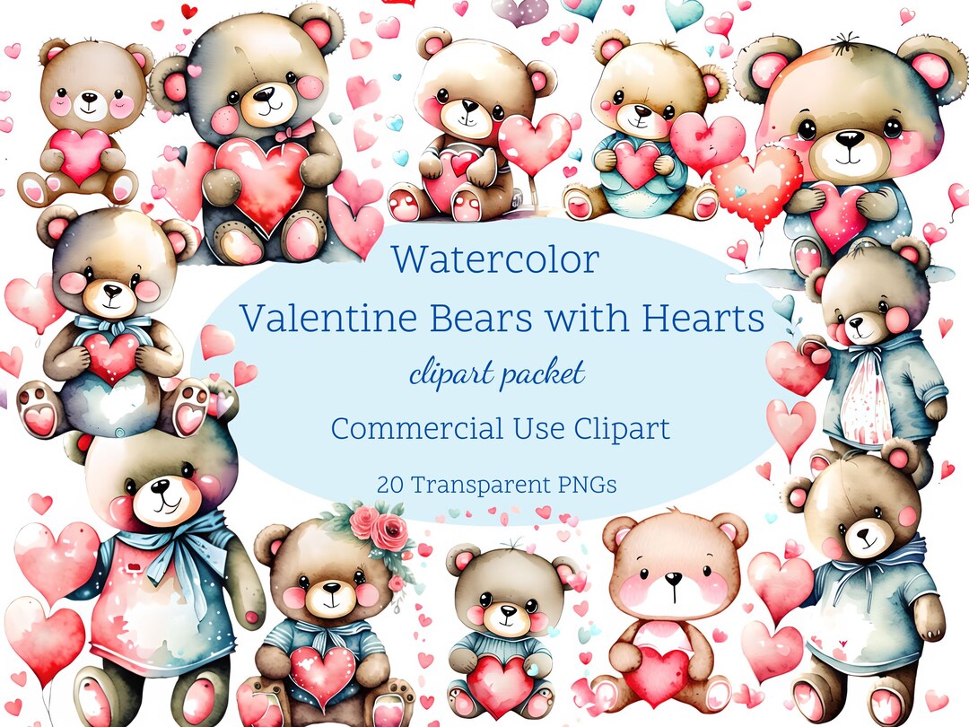 20 Watercolor Valentine Bears Clipart | Teddy Bear With Hearts Clipart ...