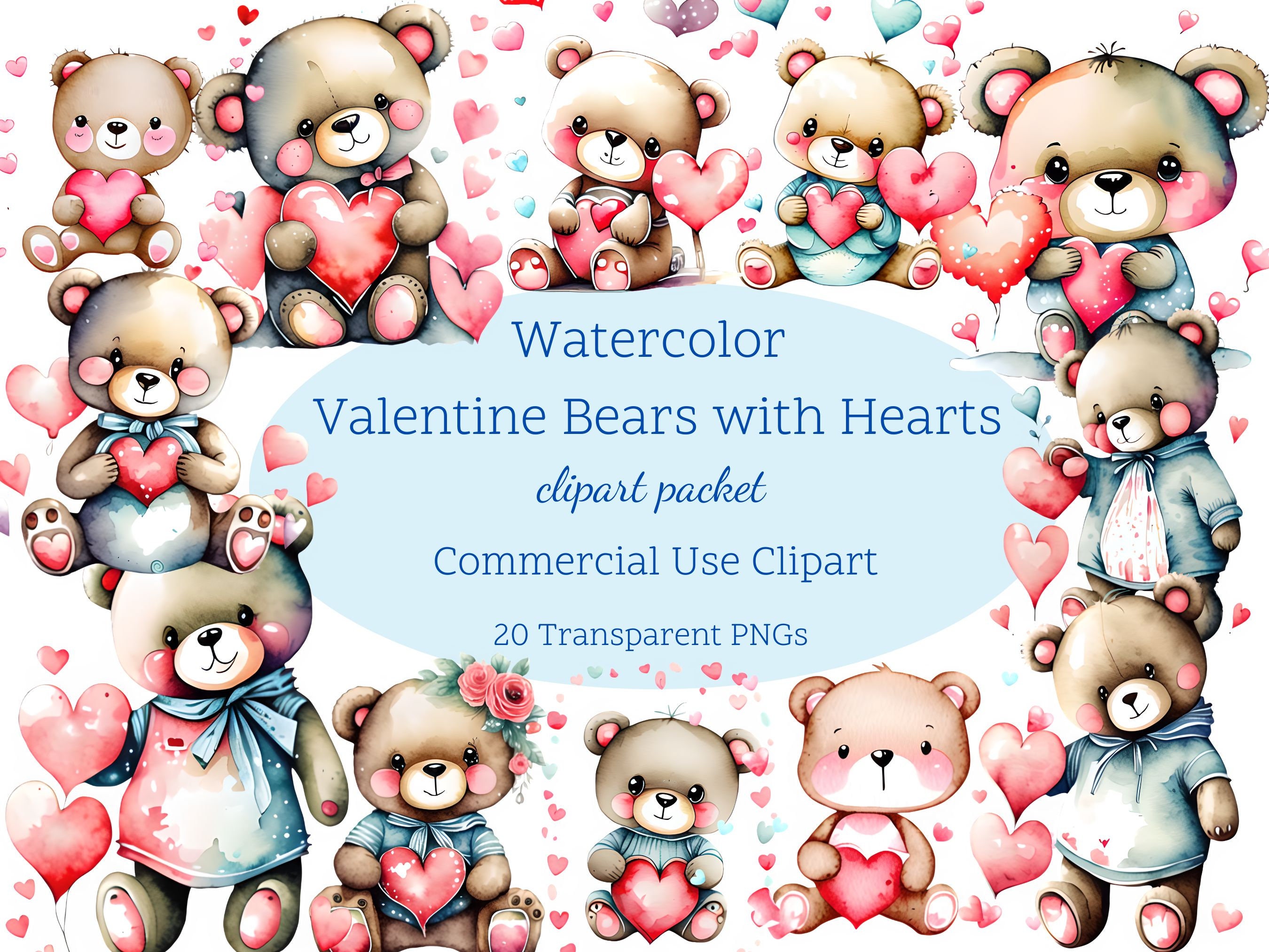 20 Watercolor Valentine Bears Clipart Teddy Bear With Hearts Clipart ...