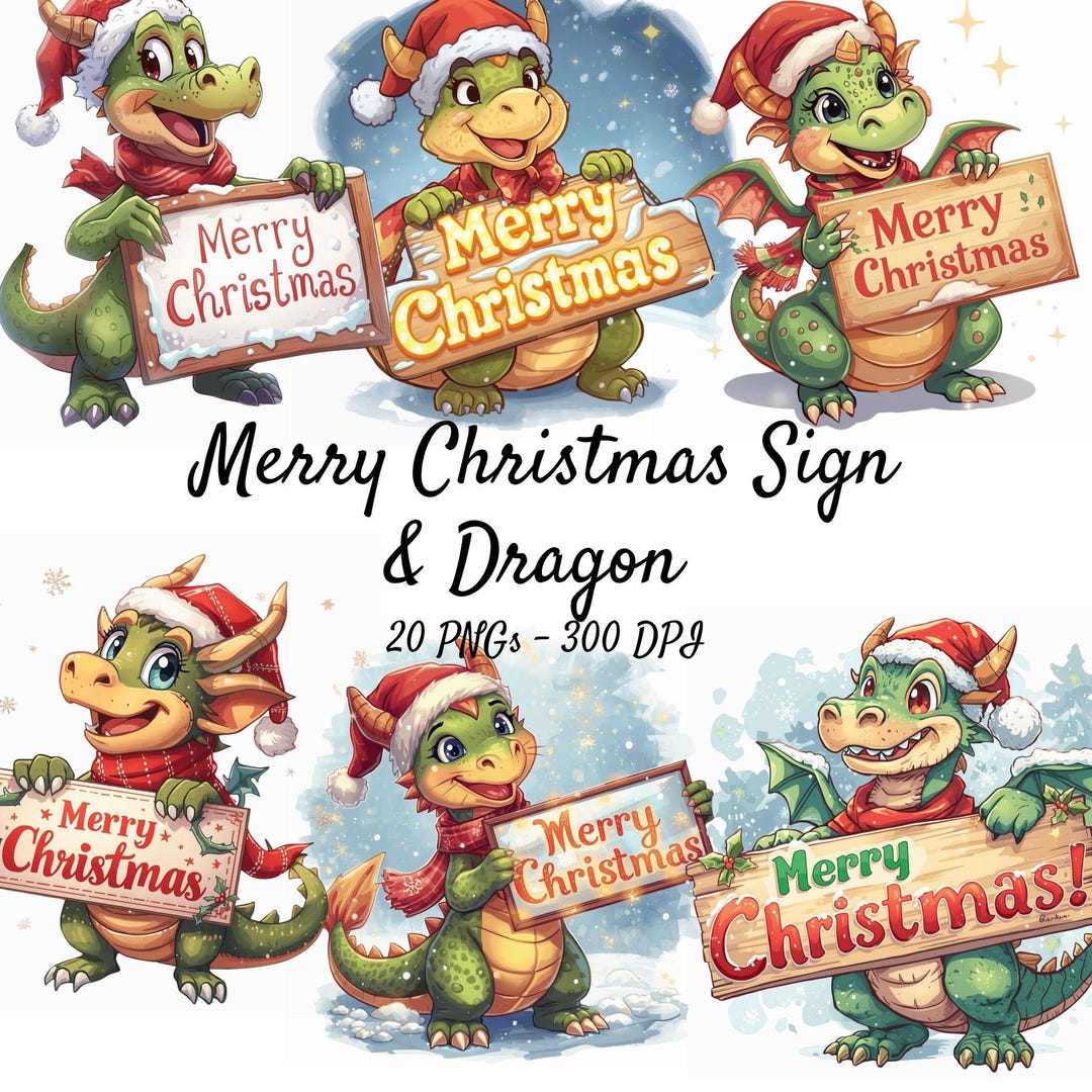 Cute Dragon & Merry Christmas Sign Clipart | Festive Christmas PNG ...