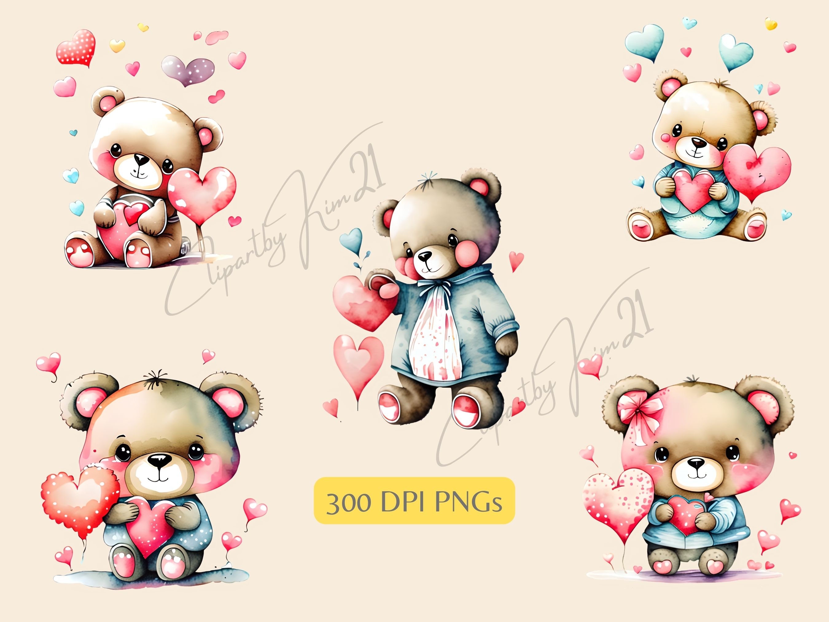 20 Watercolor Valentine Bears Clipart Teddy Bear With Hearts Clipart ...