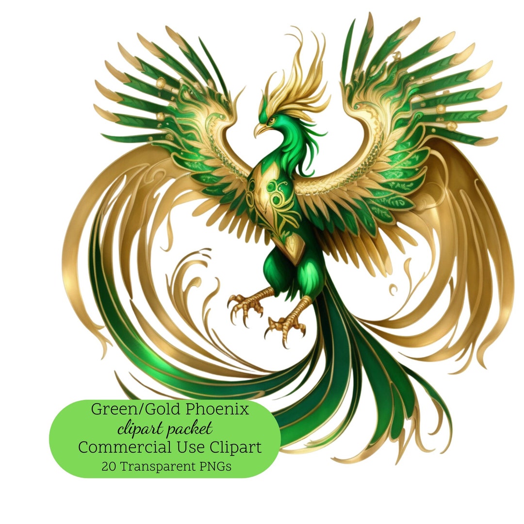 20 Green & Gold Phoenix Clipart | Magical Phoenix Clipart | Mystical ...