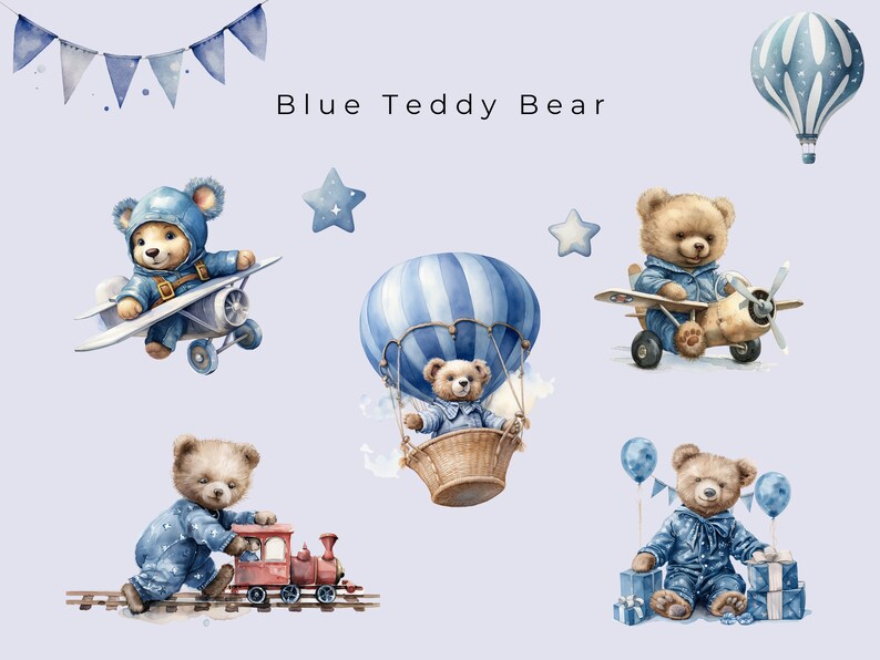 Watercolor Blue Teddy Bear Clipart for Boy, Baby Shower Clipart for ...