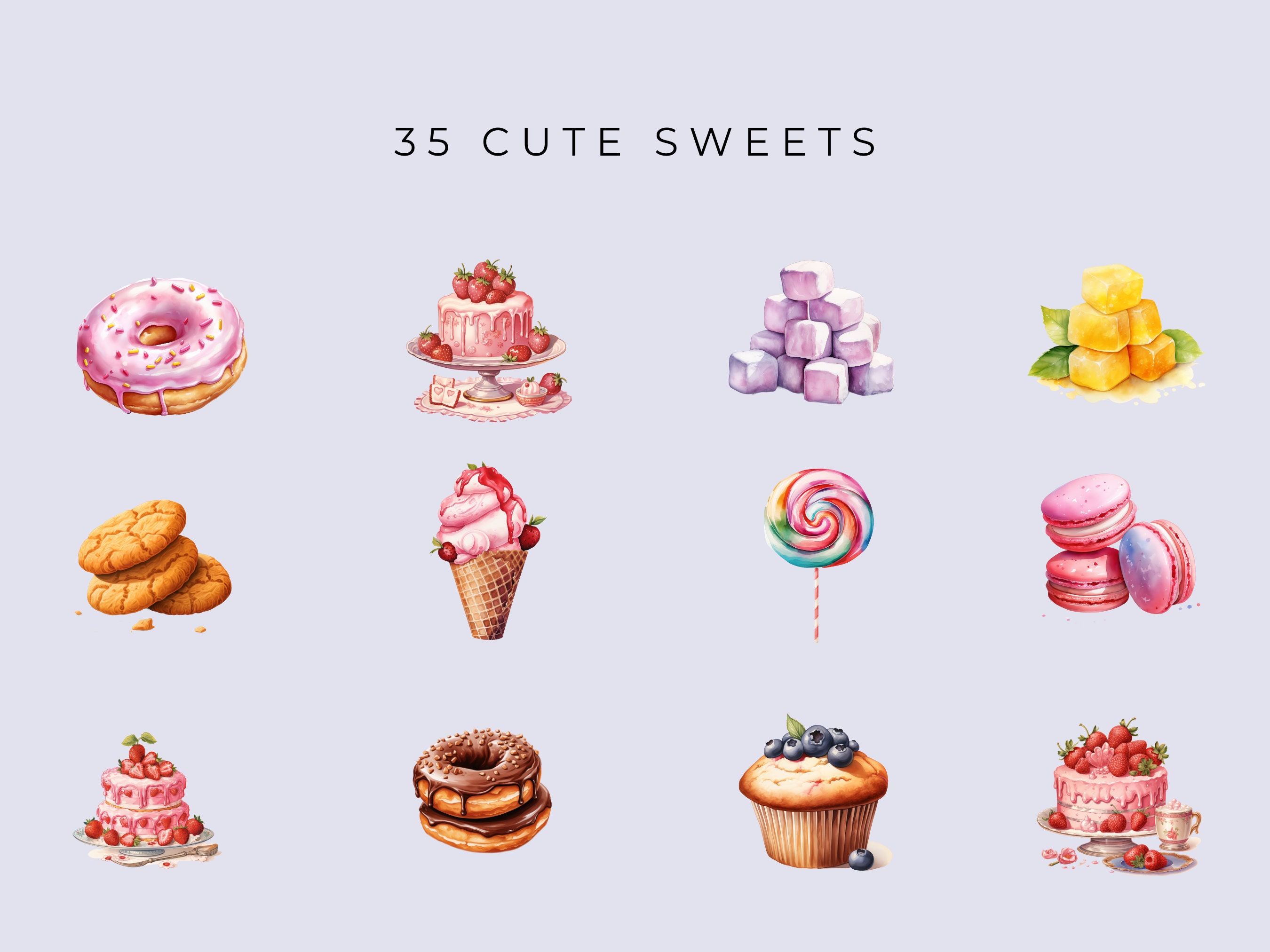 Watercolour Cute Sweets Clipart, Cookies, Sweet Macaroons, Treats Candy ...