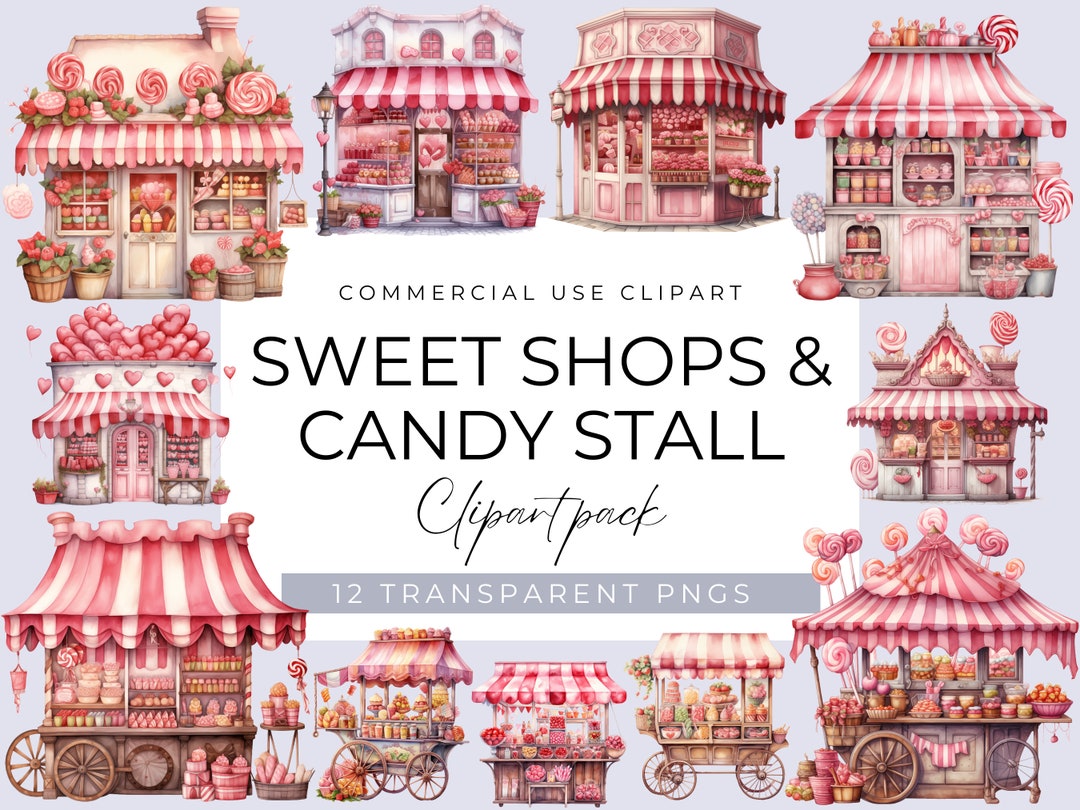 Cute Valentines Sweet Shop and Candy Stall Clipart, Red, White and Pink ...