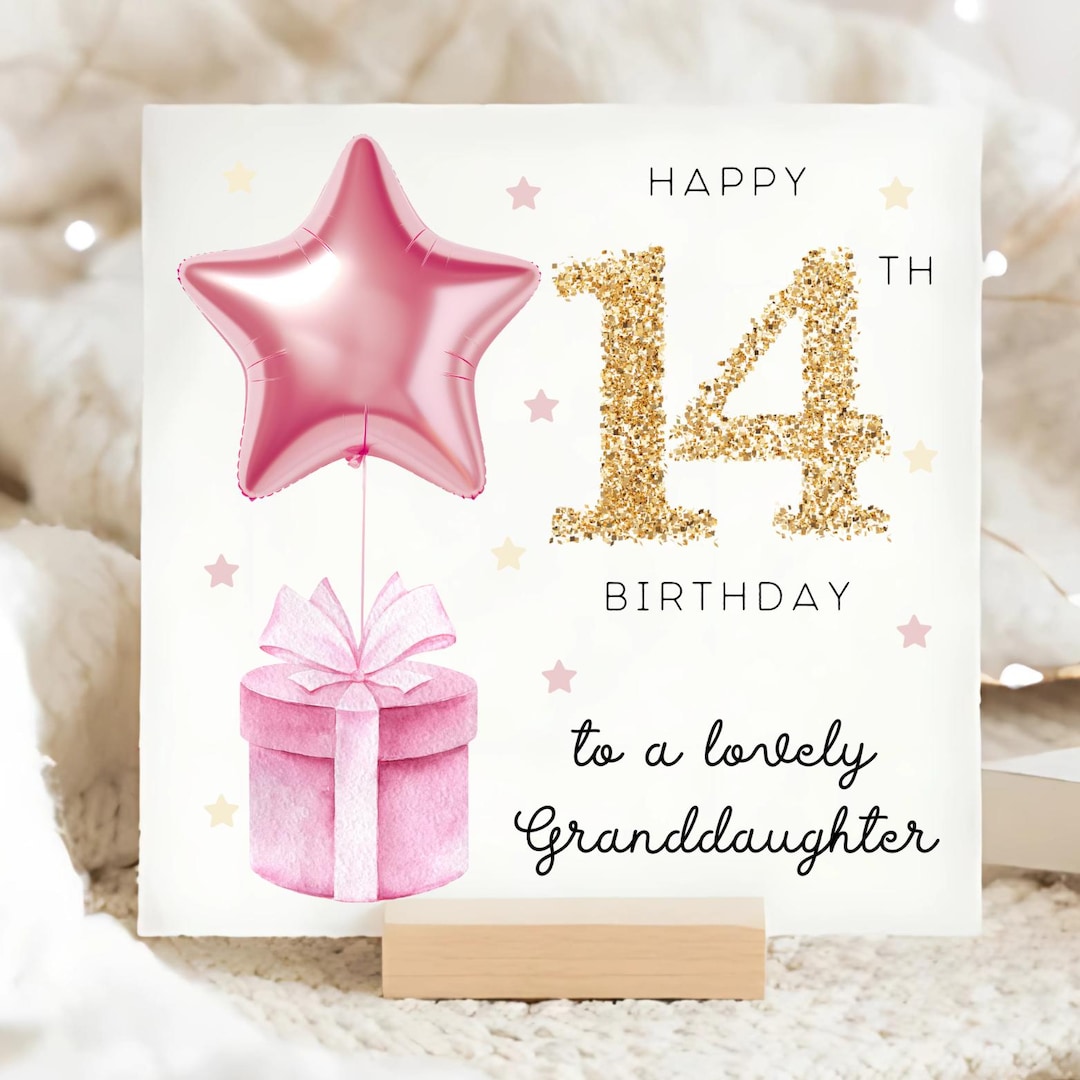 Granddaughter 14th Birthday Card, Pink Foil Star Balloon Card ...
