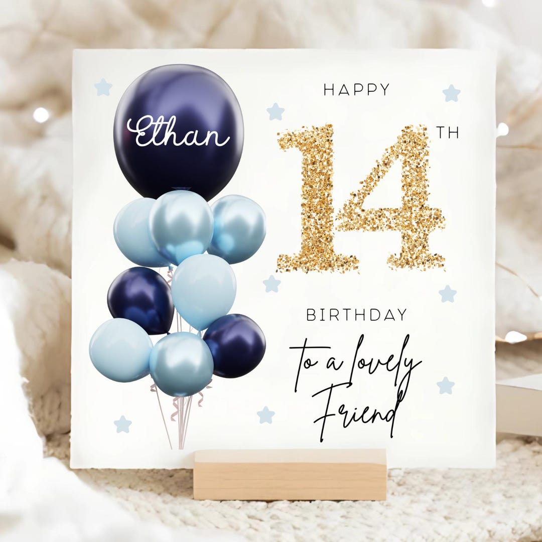 Friend 14th Birthday Personalised Card, Blue Gold Balloon Card, Friend ...