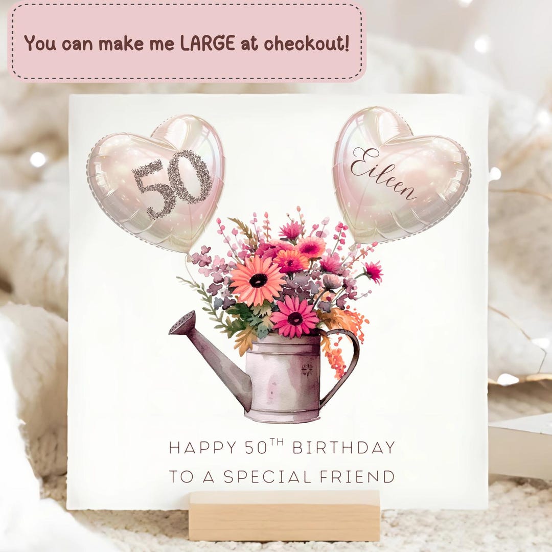 Friend 50th Flower Watering Can Card, Personalised Friend 50th Card ...