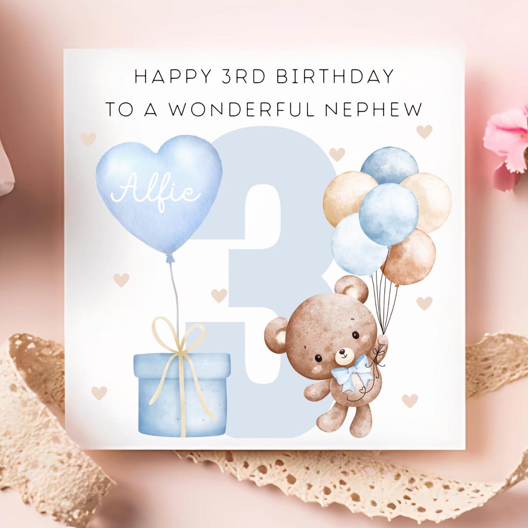 Nephew 3rd Birthday Blue Bear Card, Personalised Nephew 3rd Birthday ...