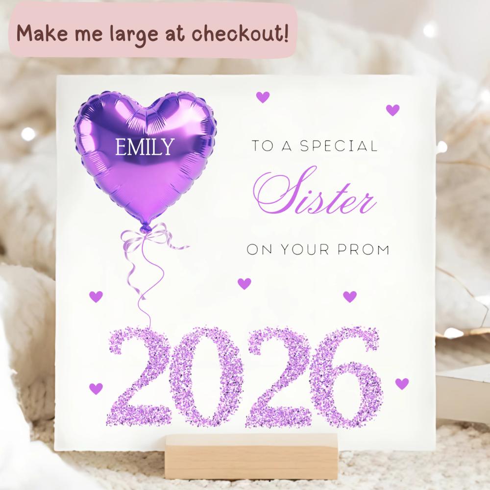 Sister Prom 2026 Purple Silver Balloon Card, Personalised Sister Prom ...