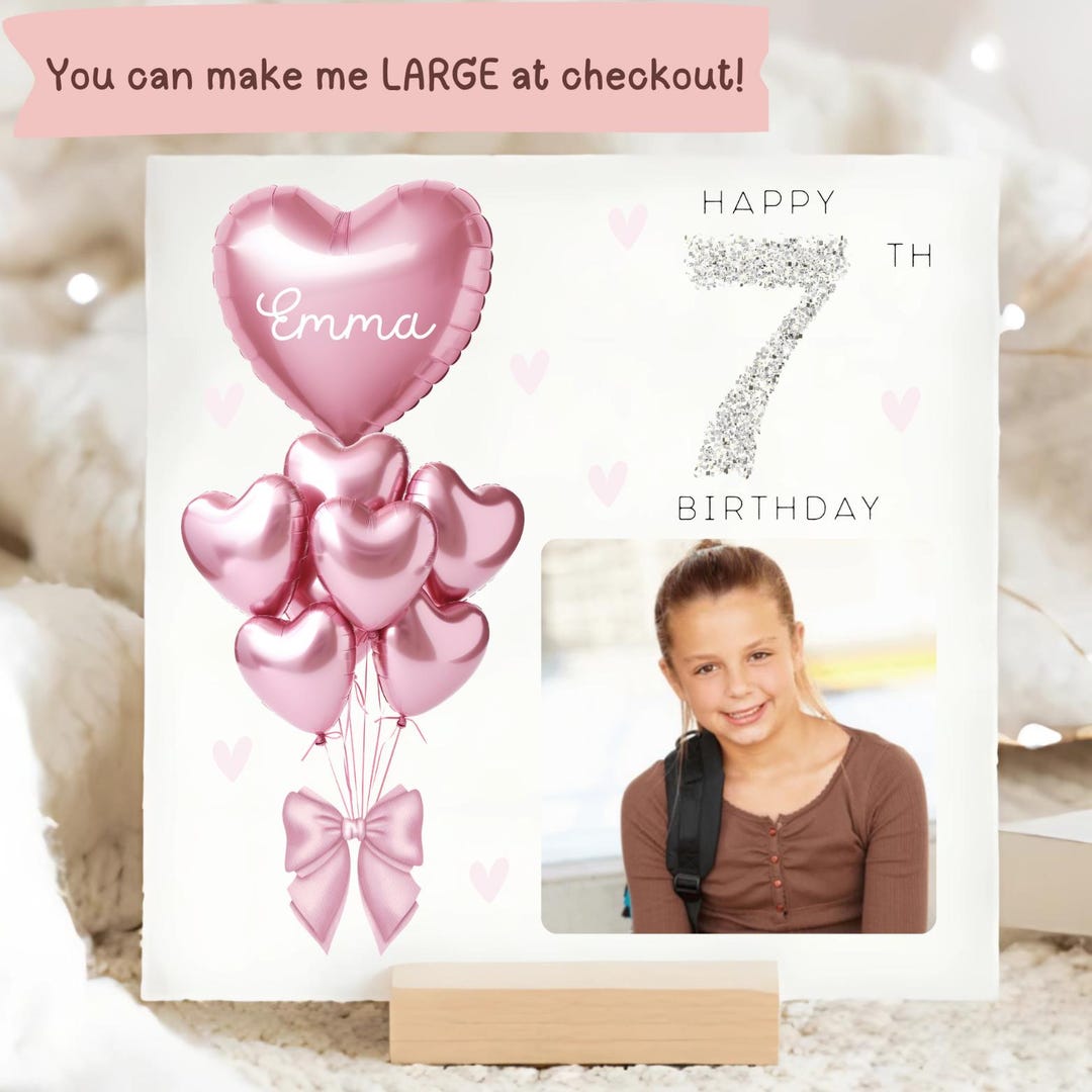 Girl 7th Photo Birthday Personalised Card, Custom Image Pink Silver ...