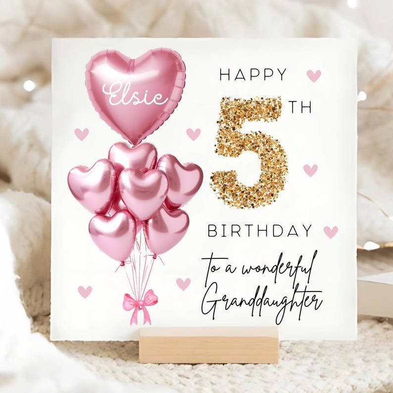 Granddaughter 5th Gems Birthday Personalised Card, Pink Gold Balloon ...