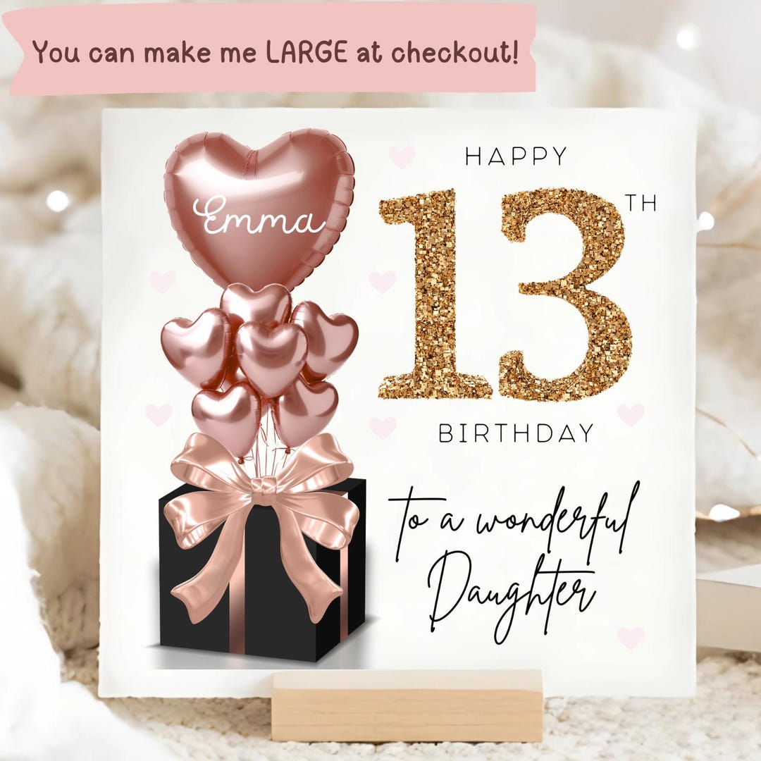 Daughter 13th Gem Birthday Personalised Card, Rose Gold Black Balloon ...