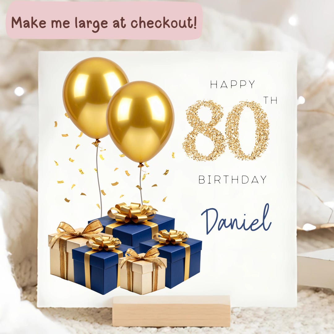 80th Birthday Blue & Gold Card, Personalised 80 Birthday Card, His ...