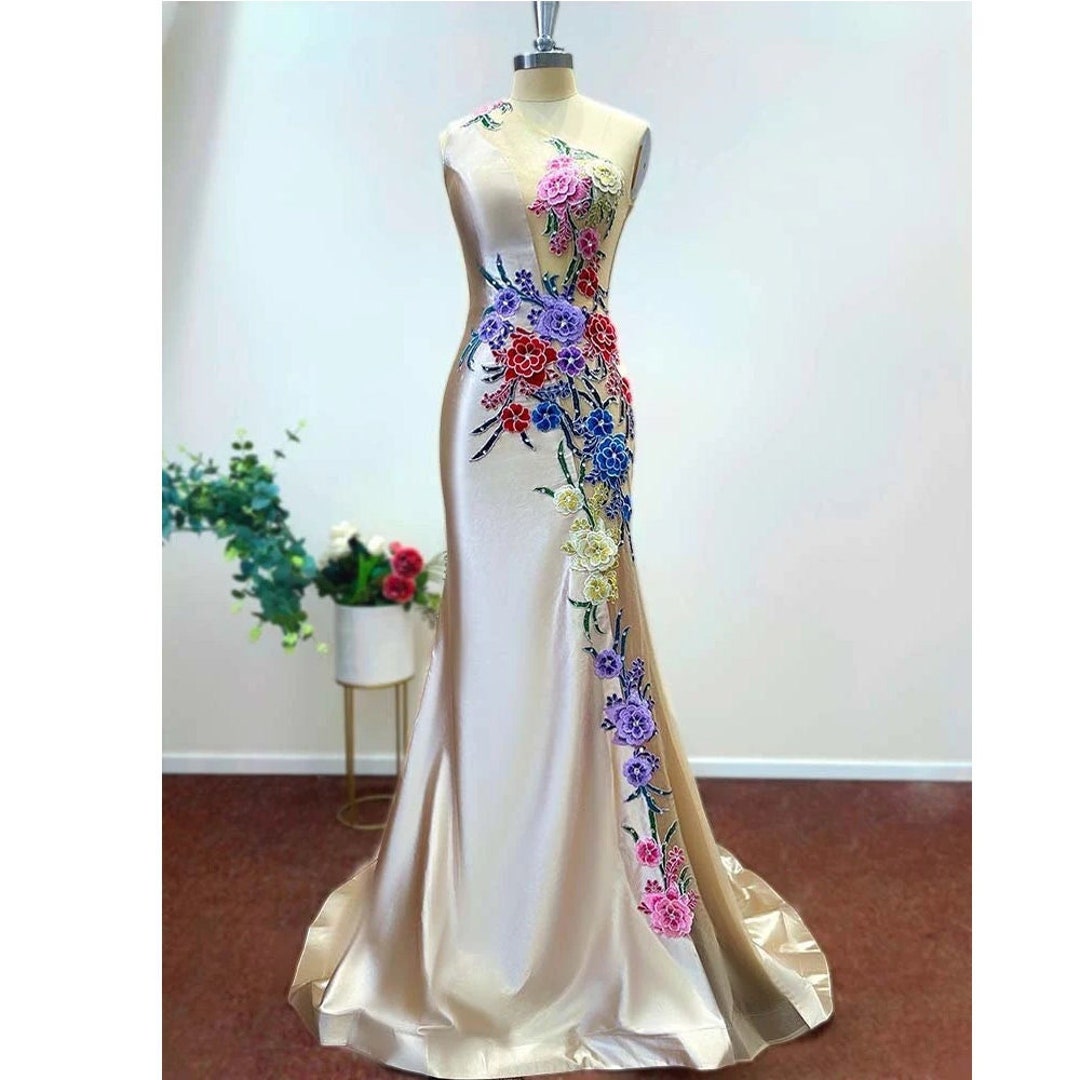 Gorgeous Satin Floral Prom Dress With Zipper Back - Etsy