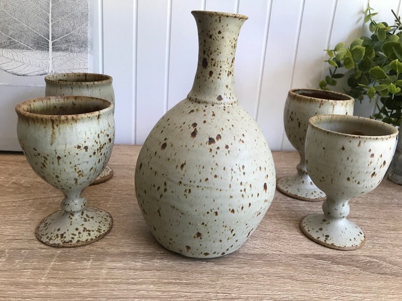 Vintage Ceramic Jug and Goblets, Studio Pottery Wine Decanter, Mugs Set ...