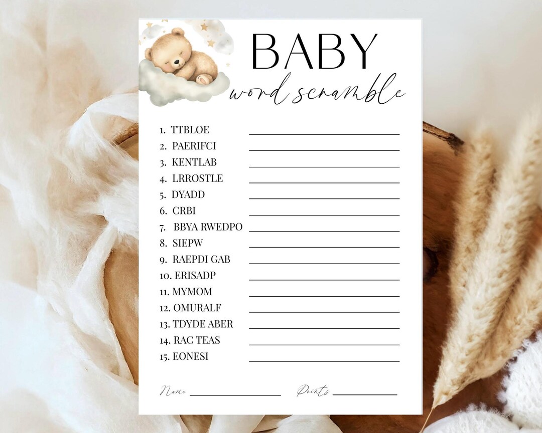 Teddy Bear Baby Word Scramble Game, Baby Shower Word Scramble, Baby ...