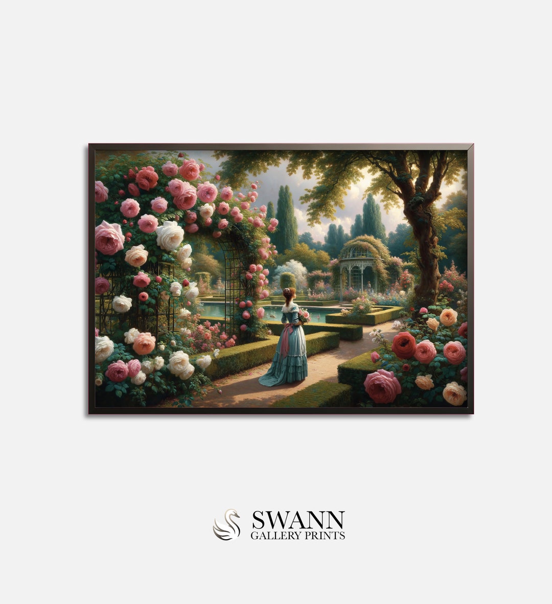 Young Lady English Tea Rose Garden Drawing Decor Vintage Oil Painting ...