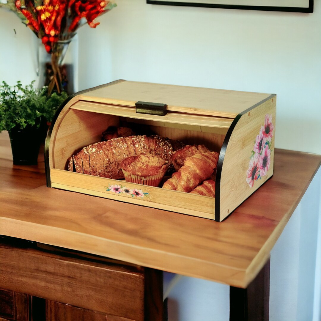 Natural Premium Bamboo Bread Box With Unique Flower Design, Elegant ...