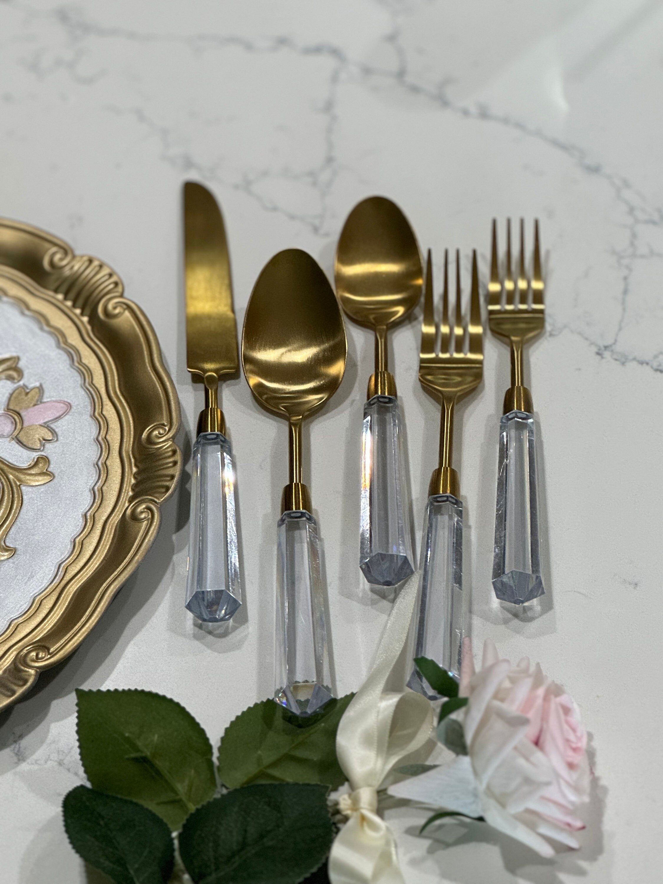 Gold Acrylic Handle Diamond Shape Flatware Cutlery Acrlic Cutlery ...