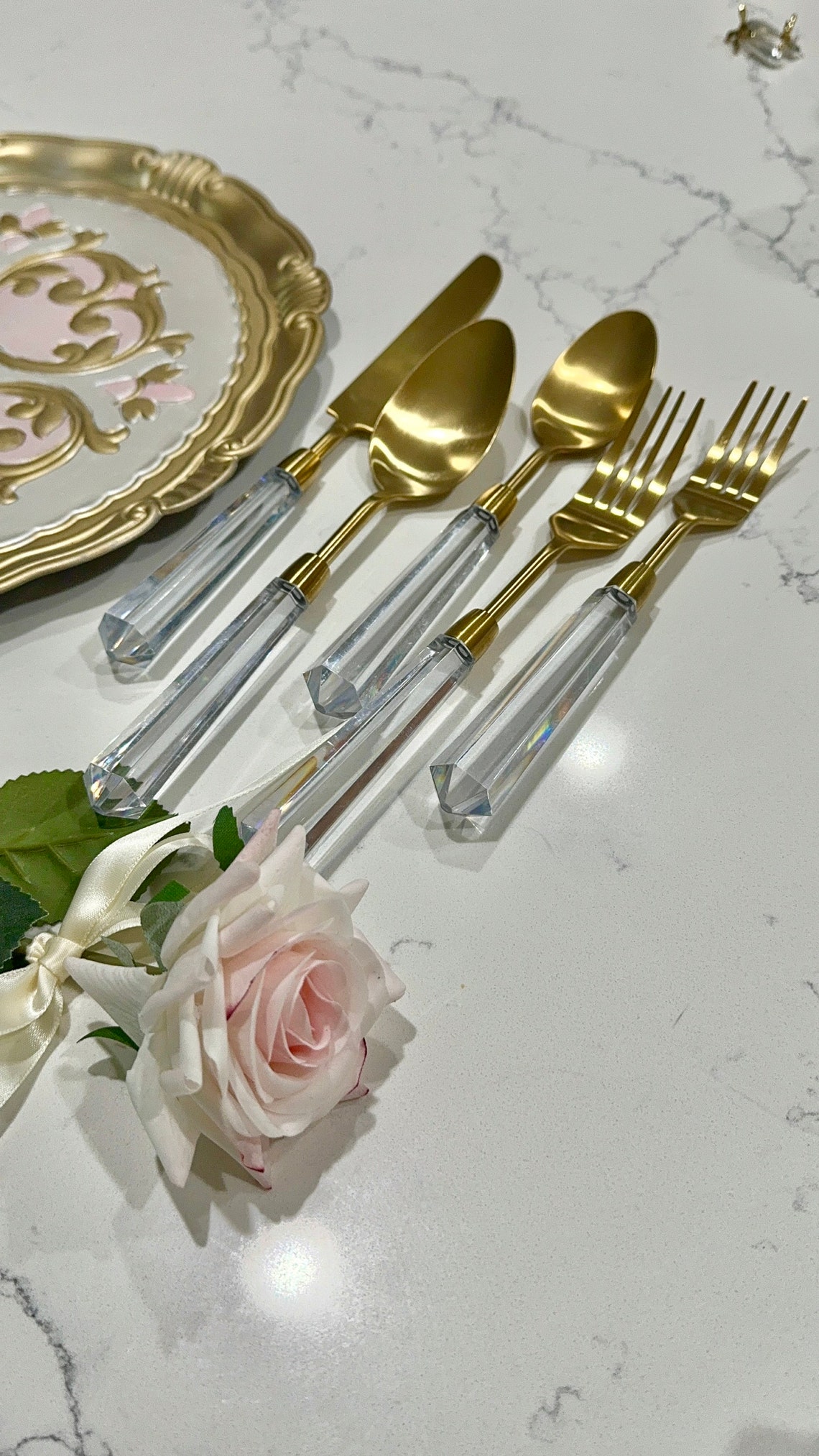 Gold Acrylic Handle Diamond Shape Flatware Cutlery Acrlic Cutlery ...