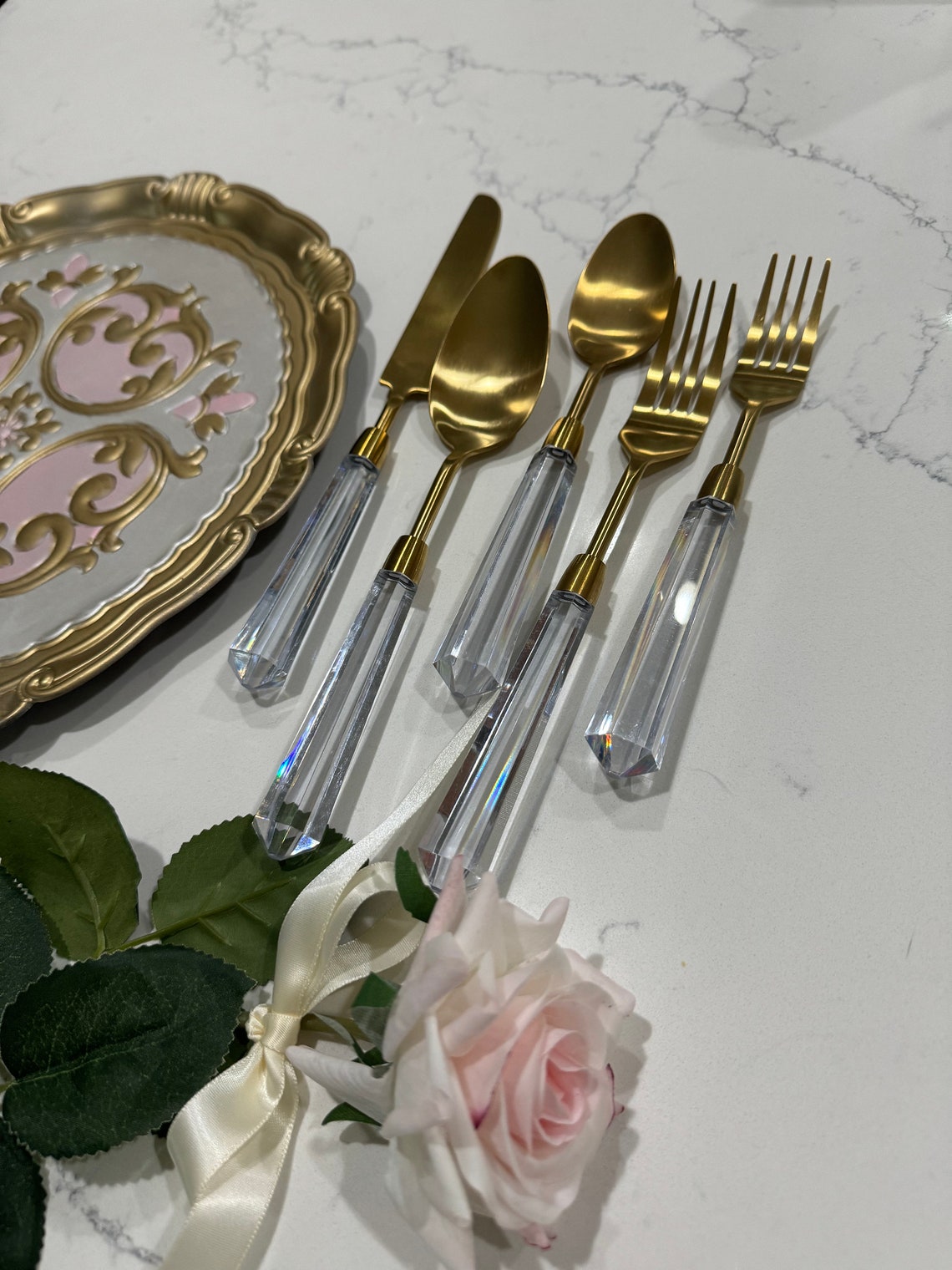 Gold Acrylic Handle Diamond Shape Flatware Cutlery Acrlic Cutlery ...