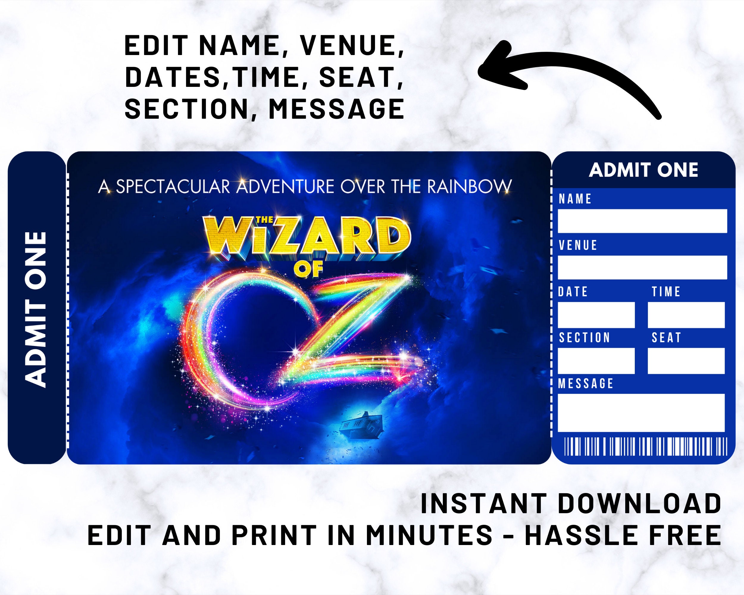 Printable Wizard of Oz Broadway Ticket, Wizard of Oz Surprise Musical ...