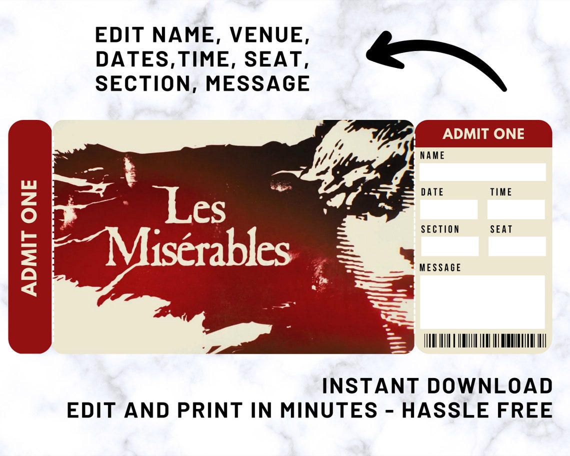 PRINTABLE Les Miserables Ticket, Les Miserables Broadway Surprise Ticket, Les Miserables the ...