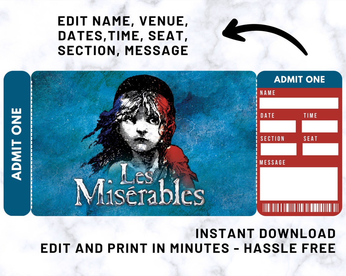 PRINTABLE Les Miserables Ticket, Les Miserables Broadway Surprise ...