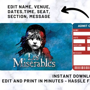 PRINTABLE Les Miserables Ticket, Les Miserables Broadway Surprise ...